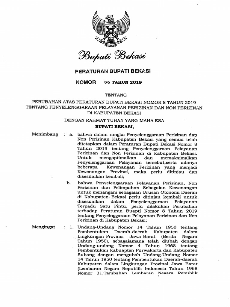 Perbup Nomor 56 Tahun 2019-Perubahan Atas Peraturan Bupati Bekasi Nomor ...