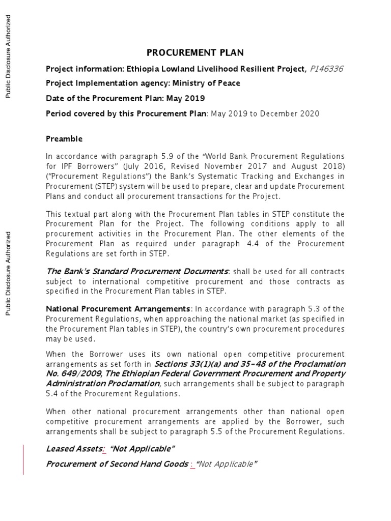 Ethiopia AFRICA EAST P164336 Lowlands Livelihood Resilience Project Procurement Plan | PDF
