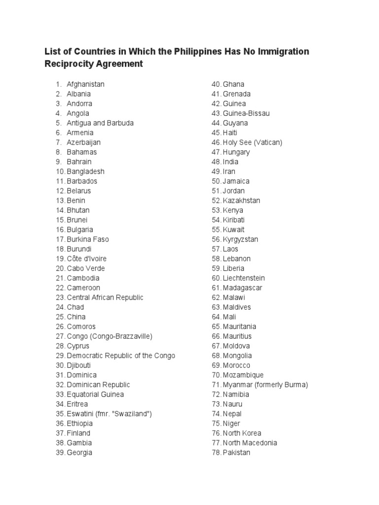 List of Countries in Which The Philippines Has No Immigration ...