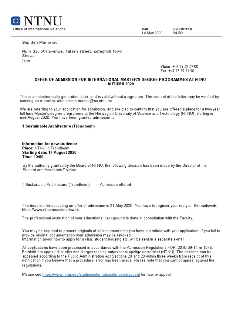 NTNU Master's Admission Offer 2020 | PDF