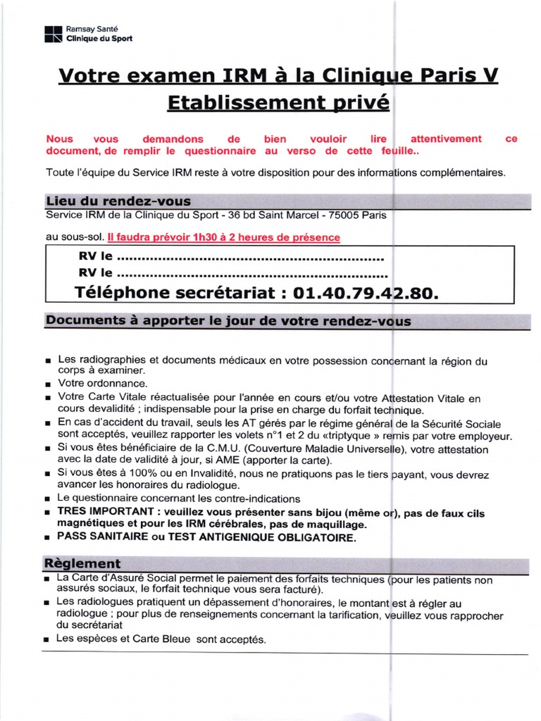 Questionnaire Pré-IRM et Informations Clés | PDF | Imagerie par ...