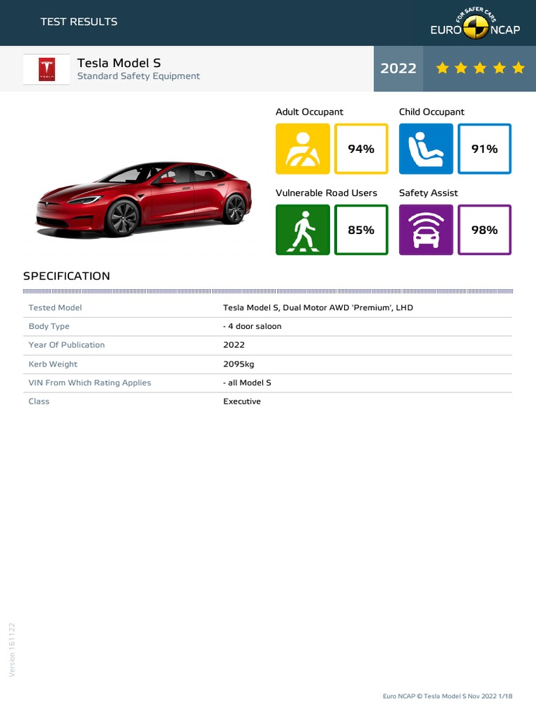 Euroncap 2022 Tesla Model S Datasheet | PDF
