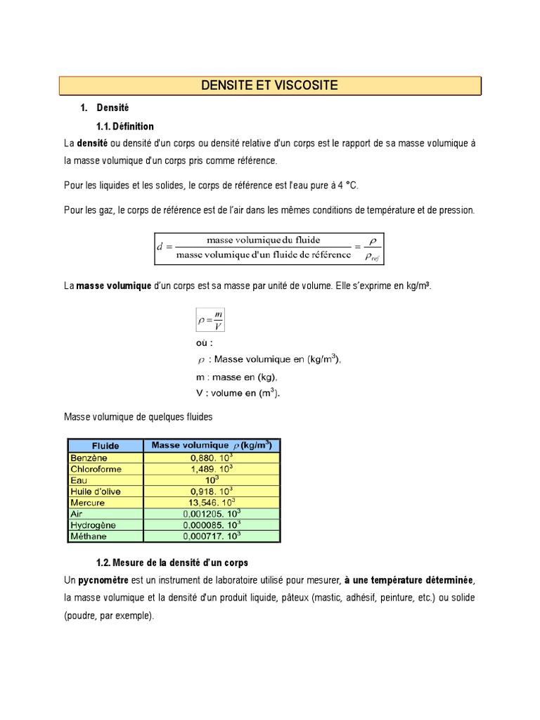 Densité et Viscosité : Définitions et Mesures | PDF | Fluide | Viscosité