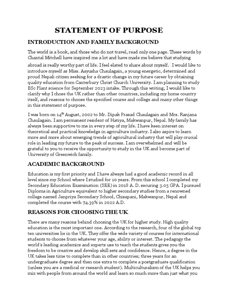 Statement of Purpose: Introduction and Family Background | PDF ...