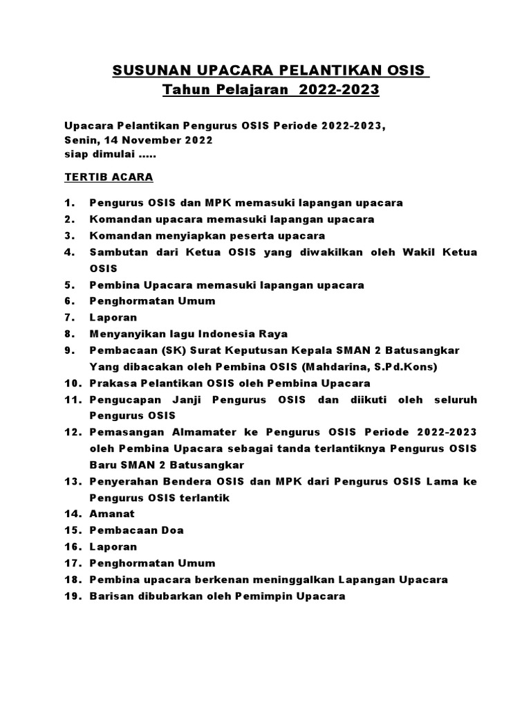 Susunan Upacara Pelantikan Osis 2022 | PDF