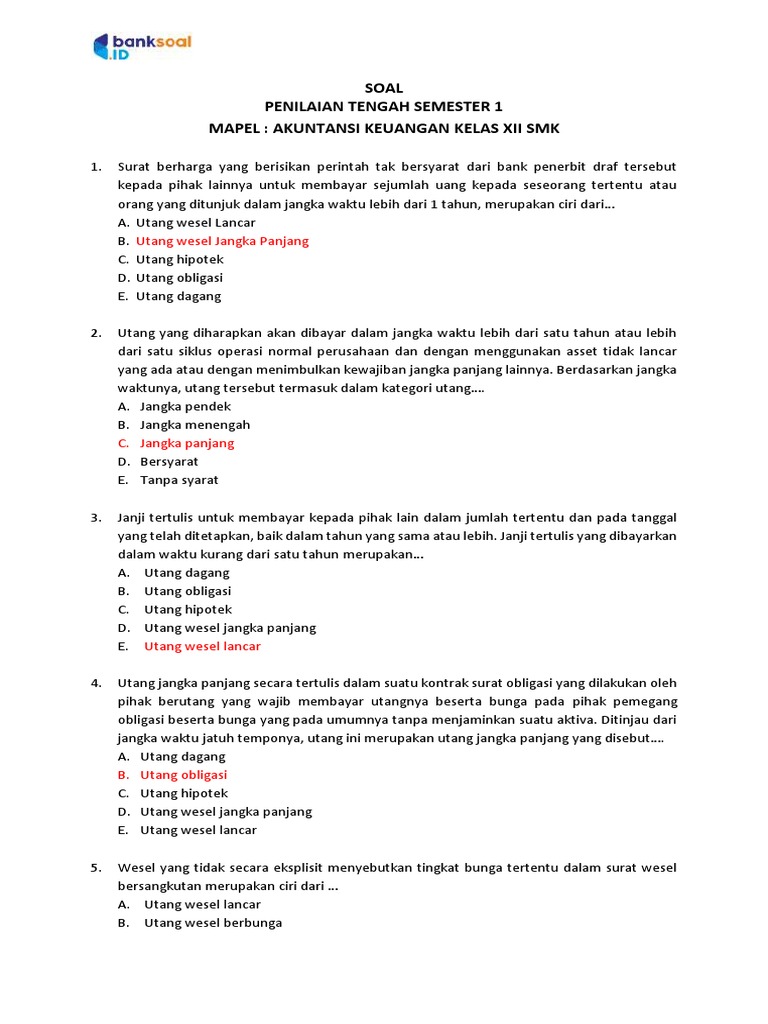 Soal PTS Akuntansi Keuangan Kelas 12 SMK Semester 1 2021 | PDF