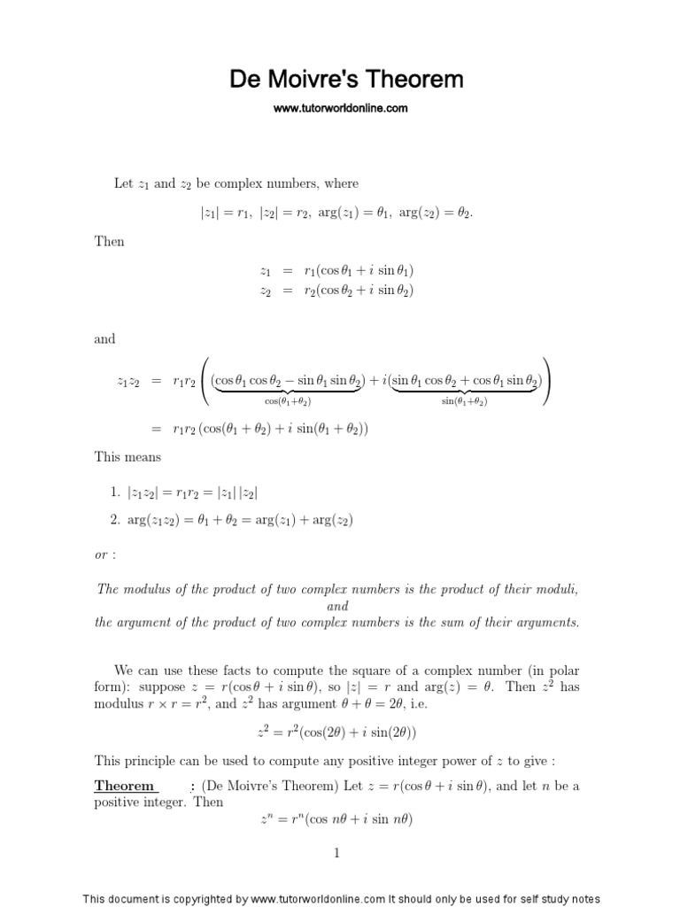 De Movire's Theorem | PDF | Complex Number | Trigonometric Functions