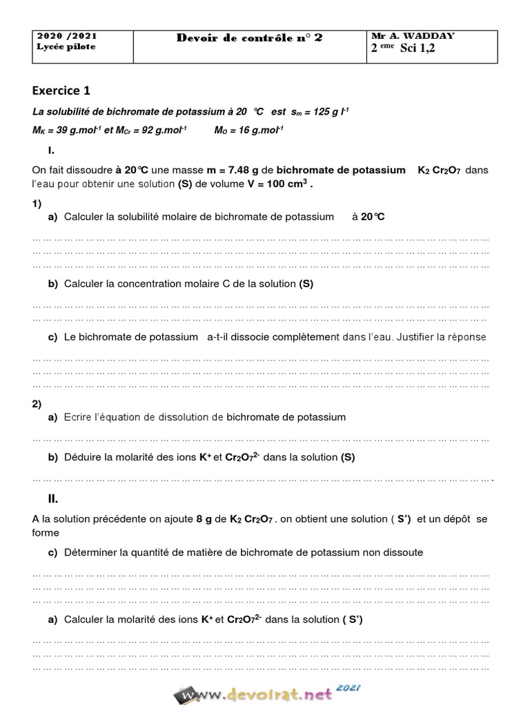 Devoir de Contrôle N°2 Lycée Pilote - Sciences Physiques - 2ème Sciences (2020-2021) MR A.wadday ...