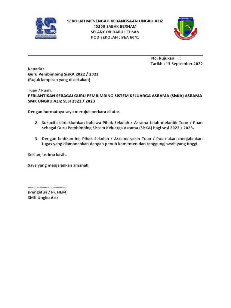 Surat Perlantikan Guru Pembimbing SISKA 2022 | PDF