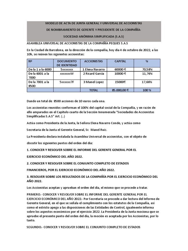 Modelo de Acta de Junta General y Universal de Accionistas | PDF ... Modelo de Acta de Junta General y Universal de Accionistas | PDF ...