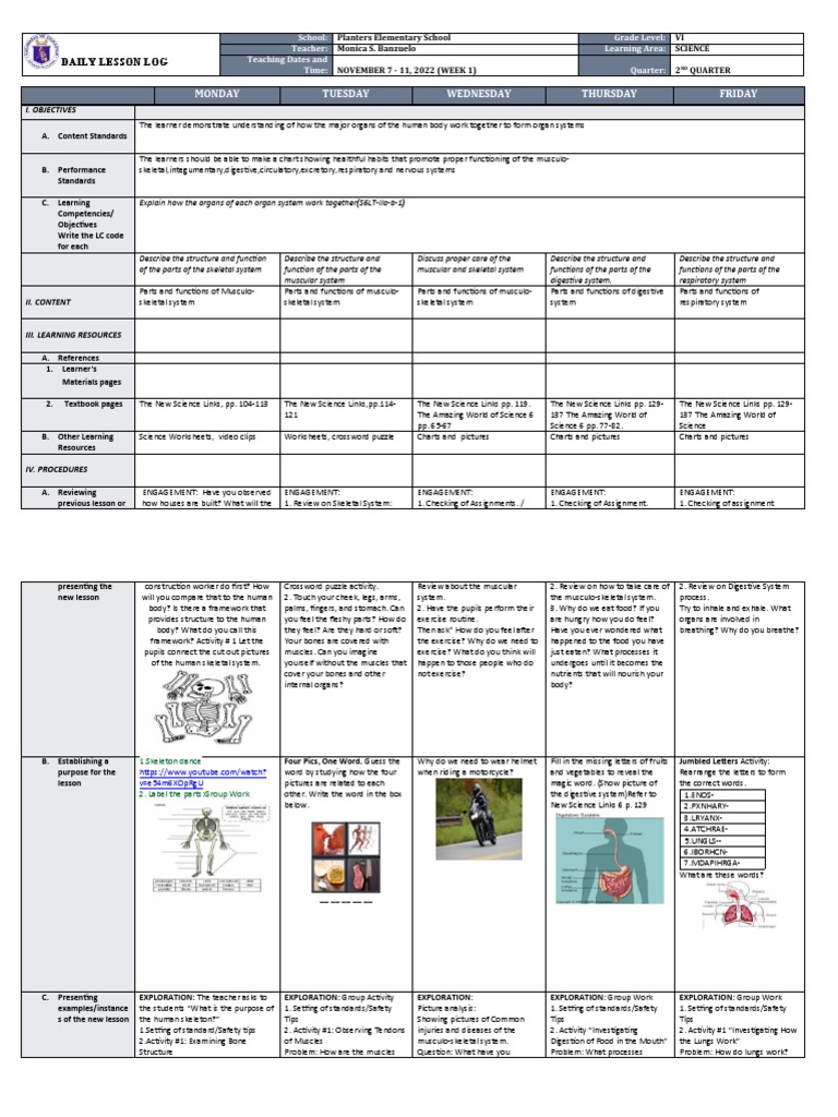 DLL - Science 6 - Q2 - W1 | PDF | Human Musculoskeletal System ...