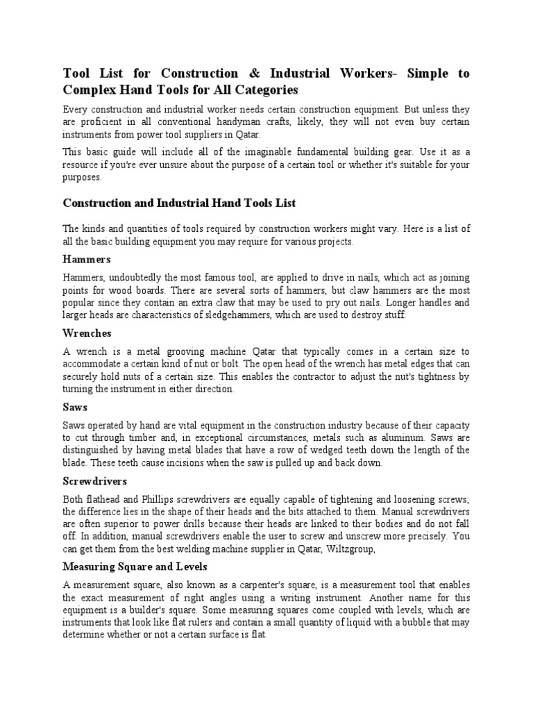 Tool List For Construction & Industrial Workers - Simple To Complex ...