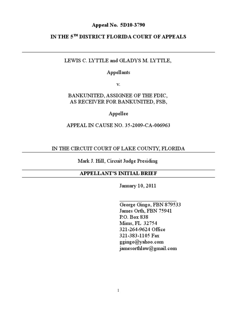 FL Appeal Brief - Lyttle v. BankUnited | Summary Judgment | Affidavit