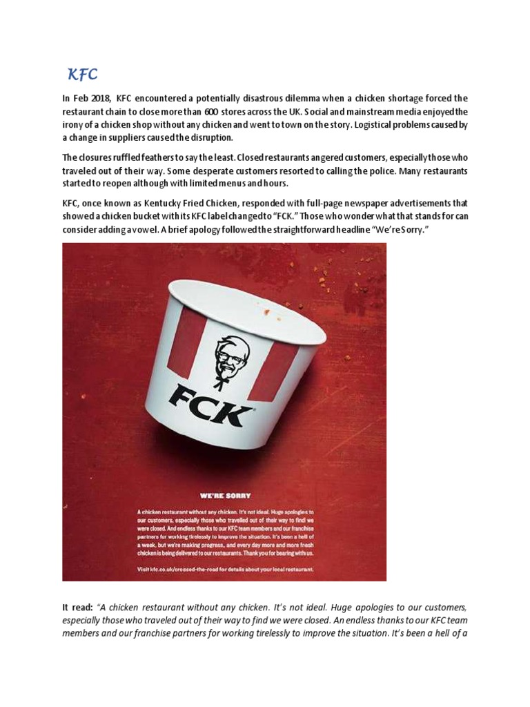 KFC's FCK Apology Ad Case Study 2018 | PDF | Economies | Communication