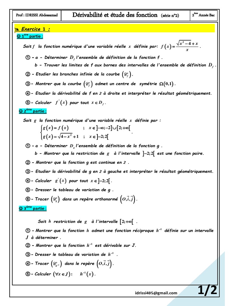 Derivation Et Etude Des Fonctions Exercices Non Corriges 3 4 | PDF