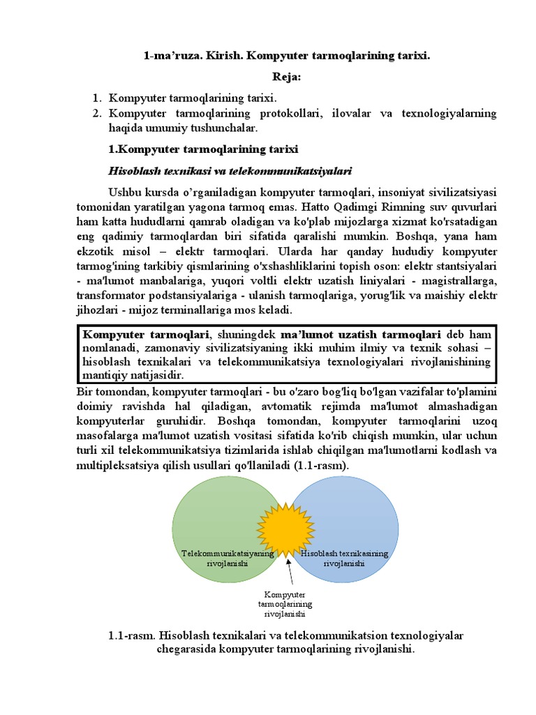 1-Ma'ruza. Kirish. Kompyuter Tarmoqlarining Tarixi. Reja | PDF