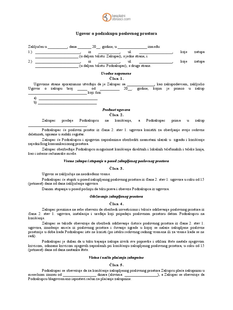 Ugovor o Podzakupu Poslovnog Prostora | PDF