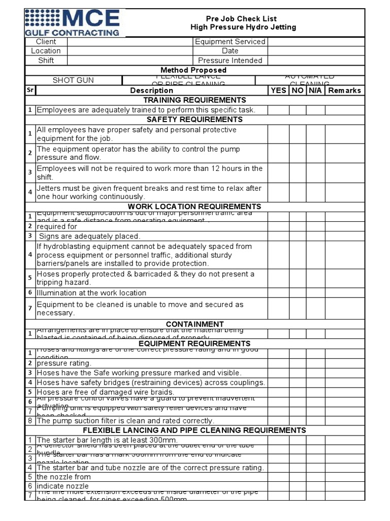 364 Pre Job Check List High Pressure Hydro Jetting Rev 000 | PDF | Pump ...
