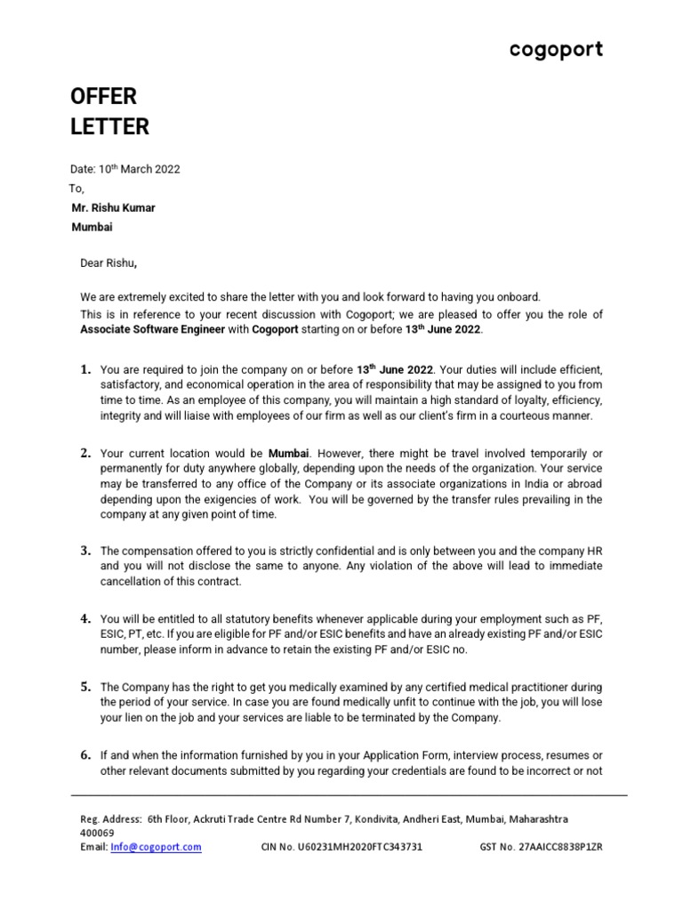 Cogoport Private Limited Offer Letter - Rishu Kumar | PDF | Employment ...