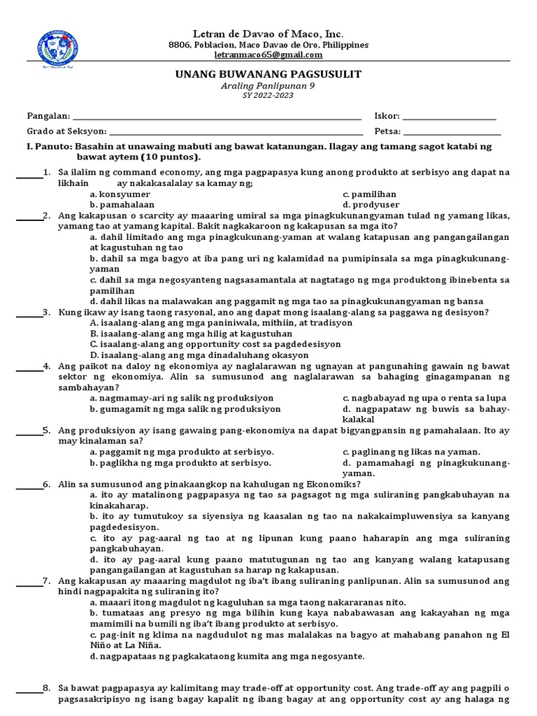 First Monthly Exam Ap-9 - 2022-2023 Letran | PDF