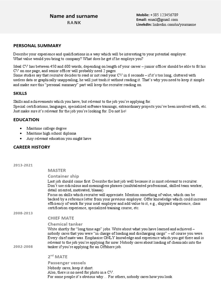 Seafarer CV Template Guide | PDF | Recruitment
