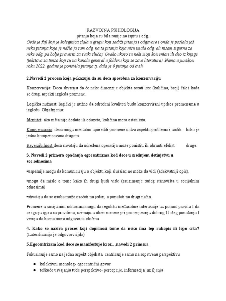 Razvojna Psihologija - Ispit-Pitanja-I-Odgovori | PDF