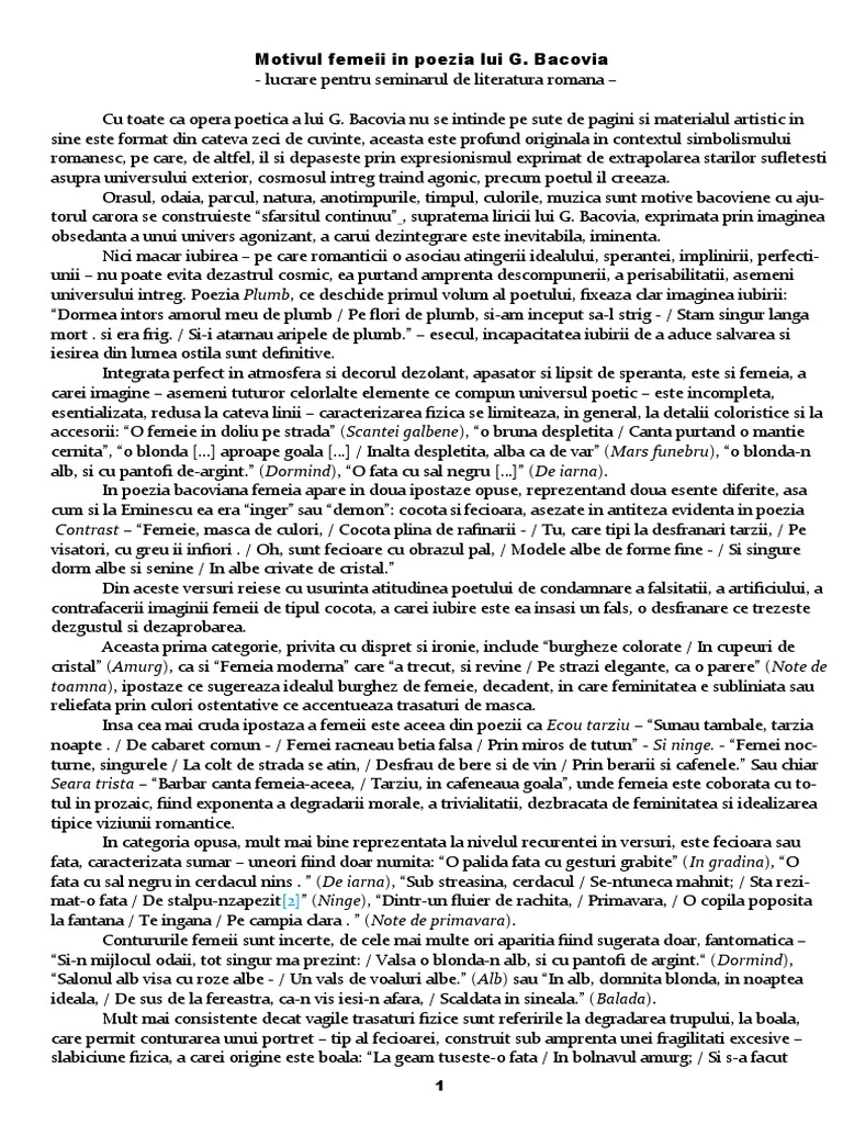 Motivul Femeii in Poezia Lui G. Bacovia | PDF