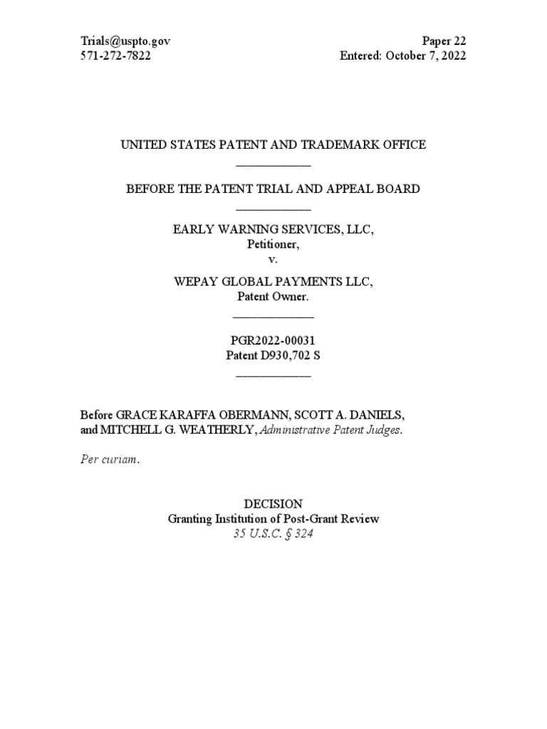 PGR 2022-00031 - Order Instituting PGR (Grecia D'702) | Download Free PDF | Prior Art | Patent