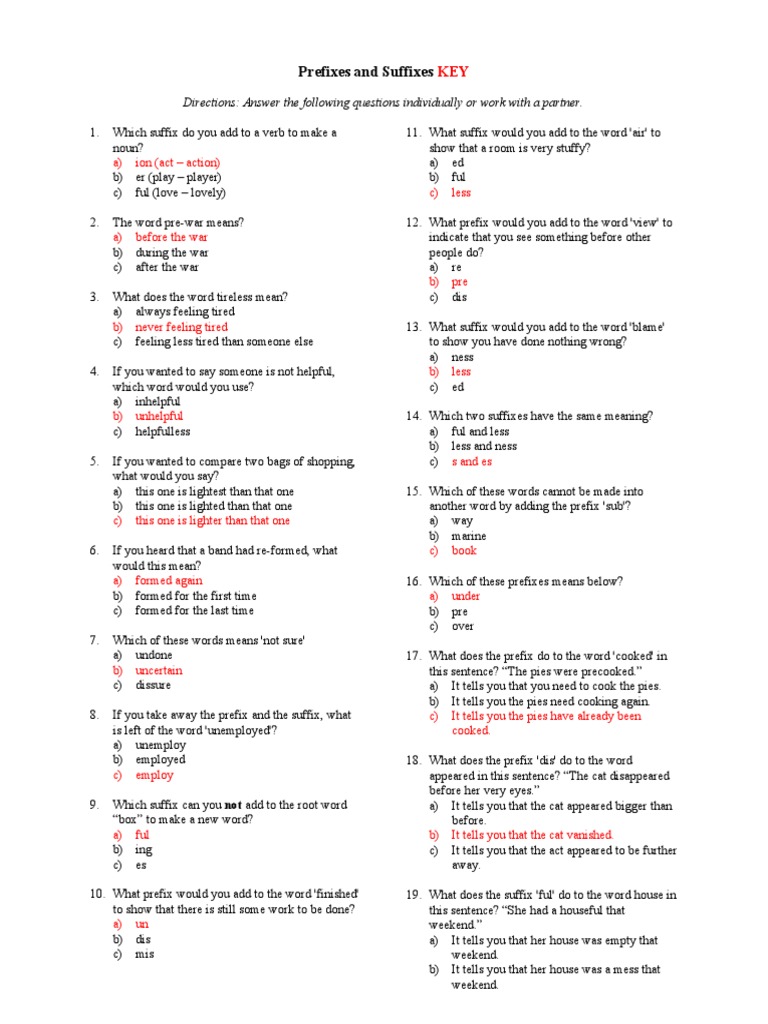 Prefixes - Suffixes - Worksheet KEY | PDF | Language Arts & Discipline