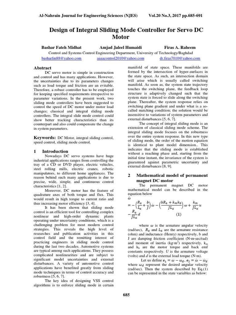 Design of Integral Sliding Mode Controller For Servo DC Motor | PDF | Electric Motor | Control ...