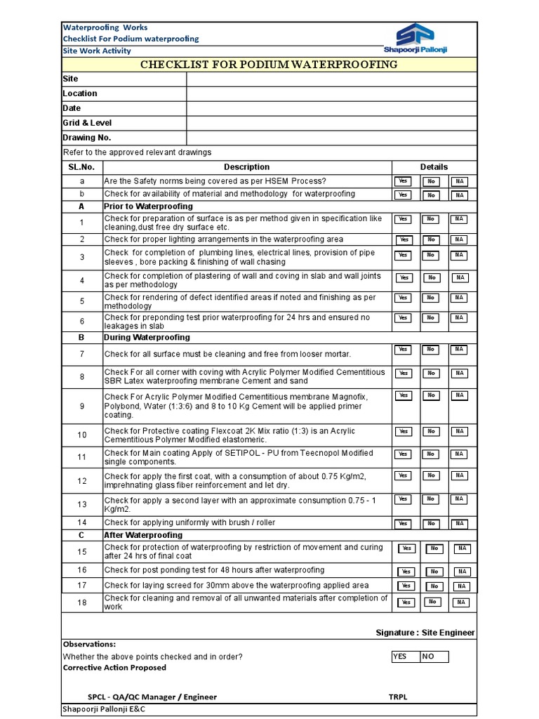 Checklist For Podium Waterproofing | PDF