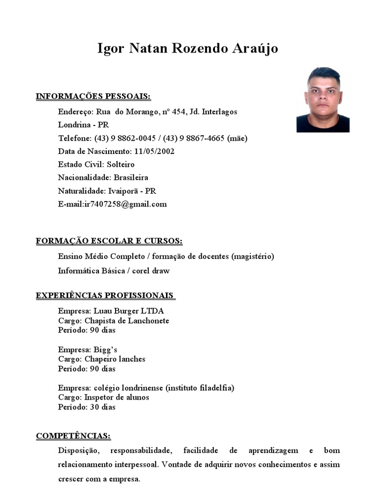 Currículo Igor Natan Rozendo Araújo | PDF