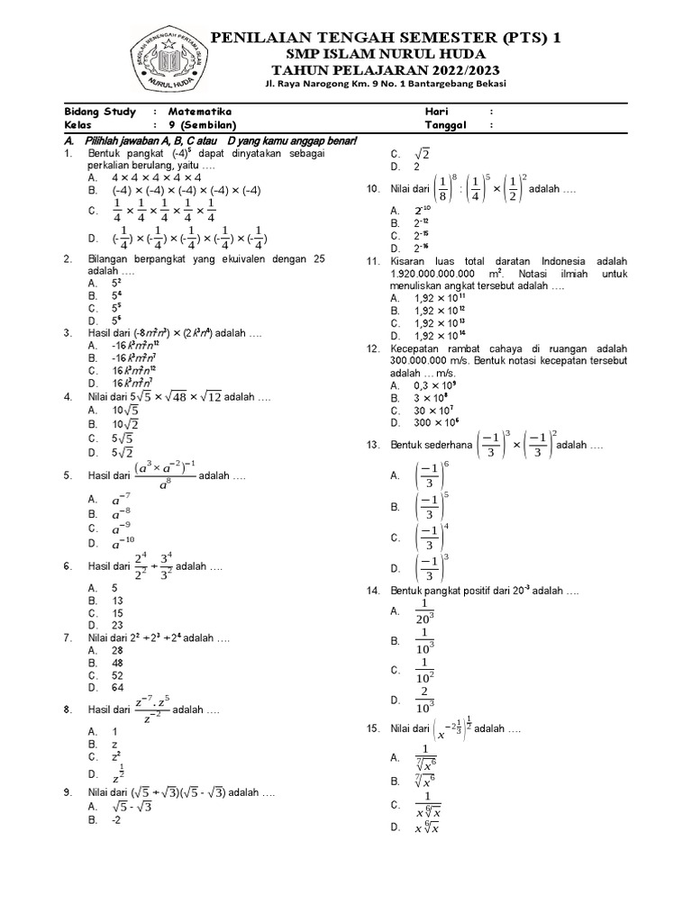 Soal PTS Matematika Kelas 9 | PDF