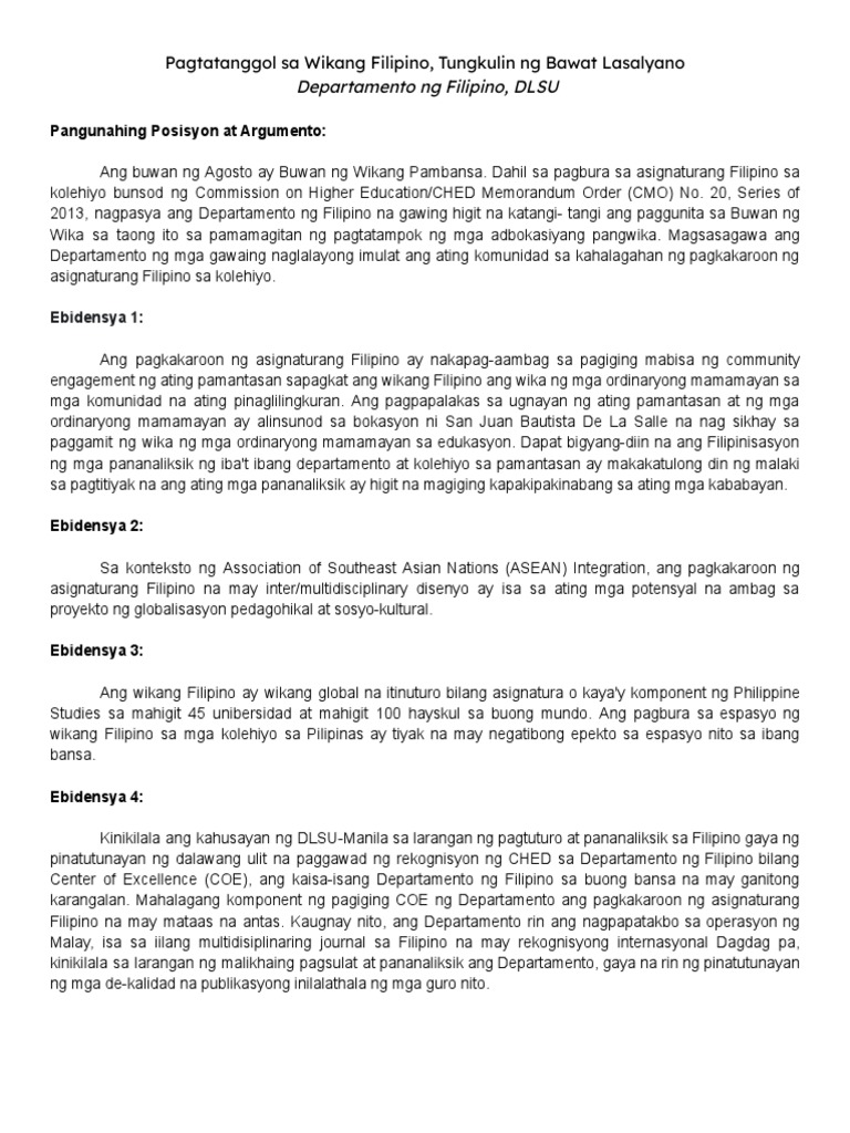 Pagtatanggol Sa Wikang Filipino, Tungkulin NG Bawat Lasalyano Departamento NG Filipino, DLSU | PDF