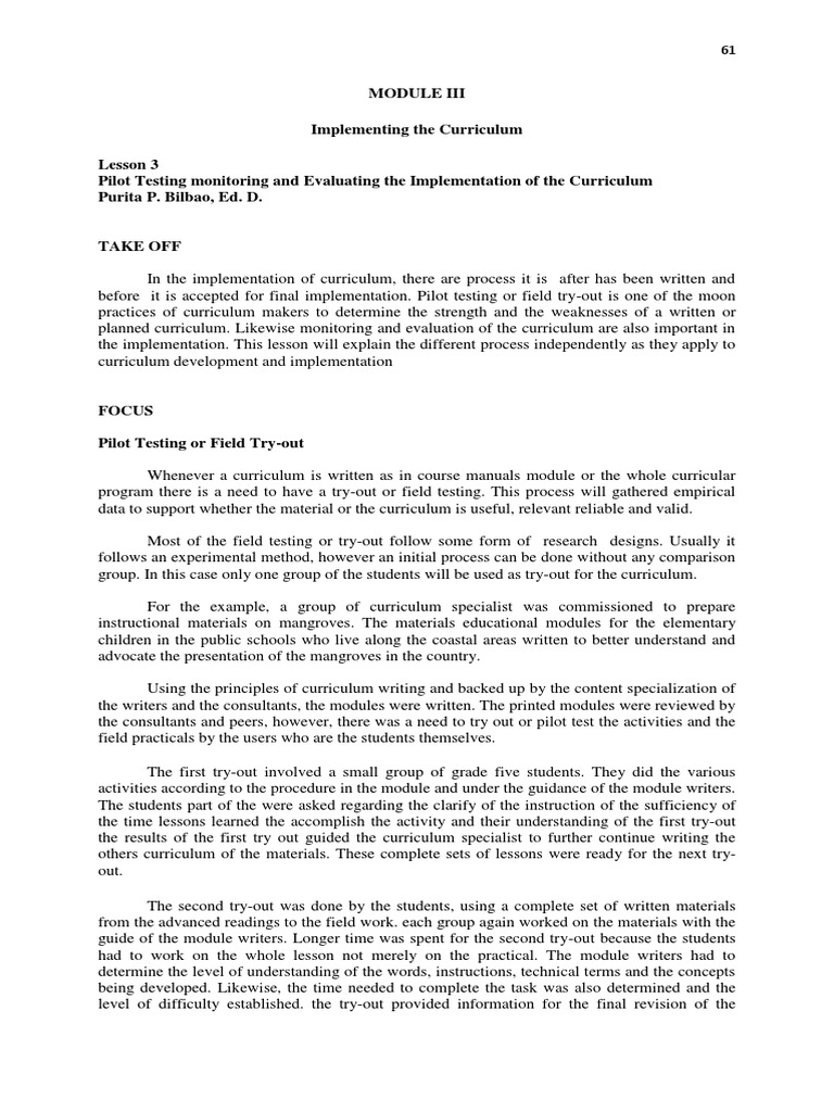 Implementing Curriculum: Pilot Testing, Monitoring and Evaluation | PDF ...