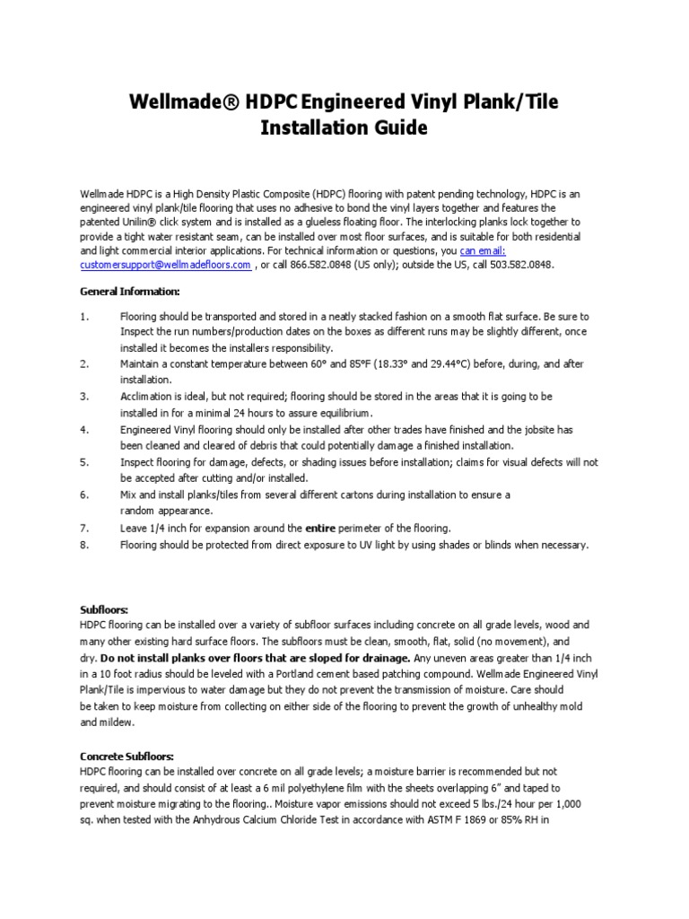 Wellmade® HDPC Engineered Vinyl Plank/Tile Installation Guide | PDF | Flooring | Concrete