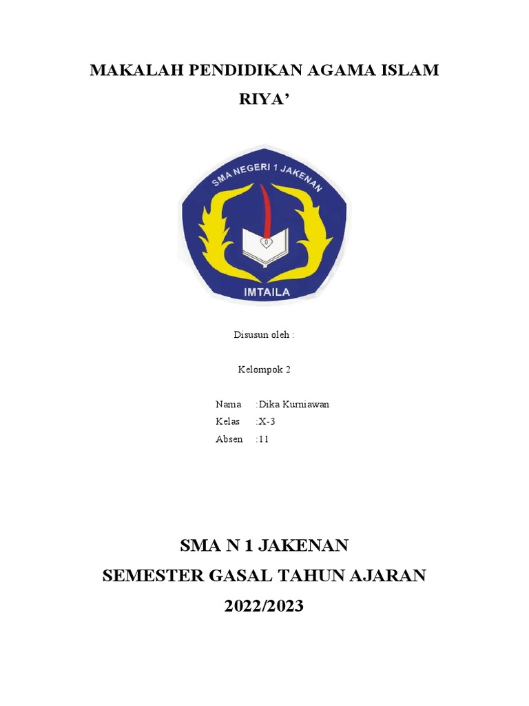 Makalah Pendidikan Agama Islam Riya': Sma N 1 Jakenan Semester Gasal ...