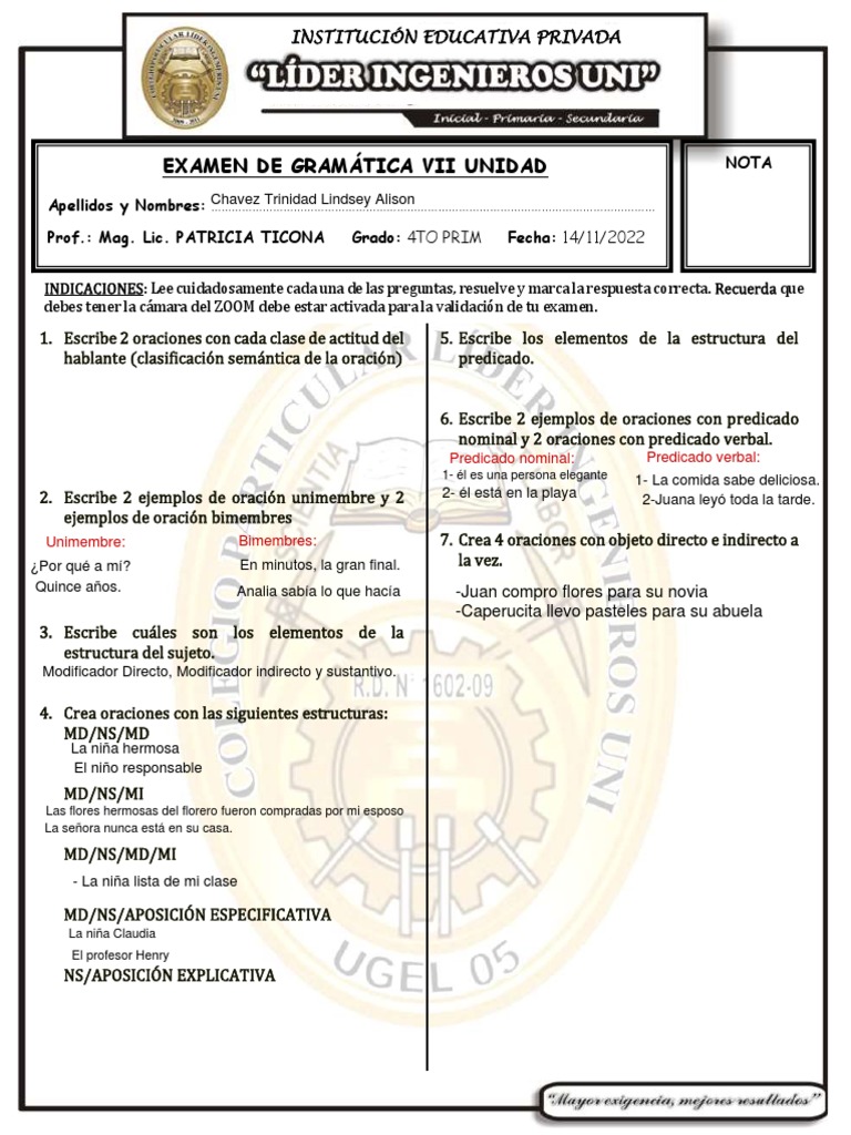 Ejercicios de Gramática para 4to Primaria | PDF | Predicado (Gramática ...