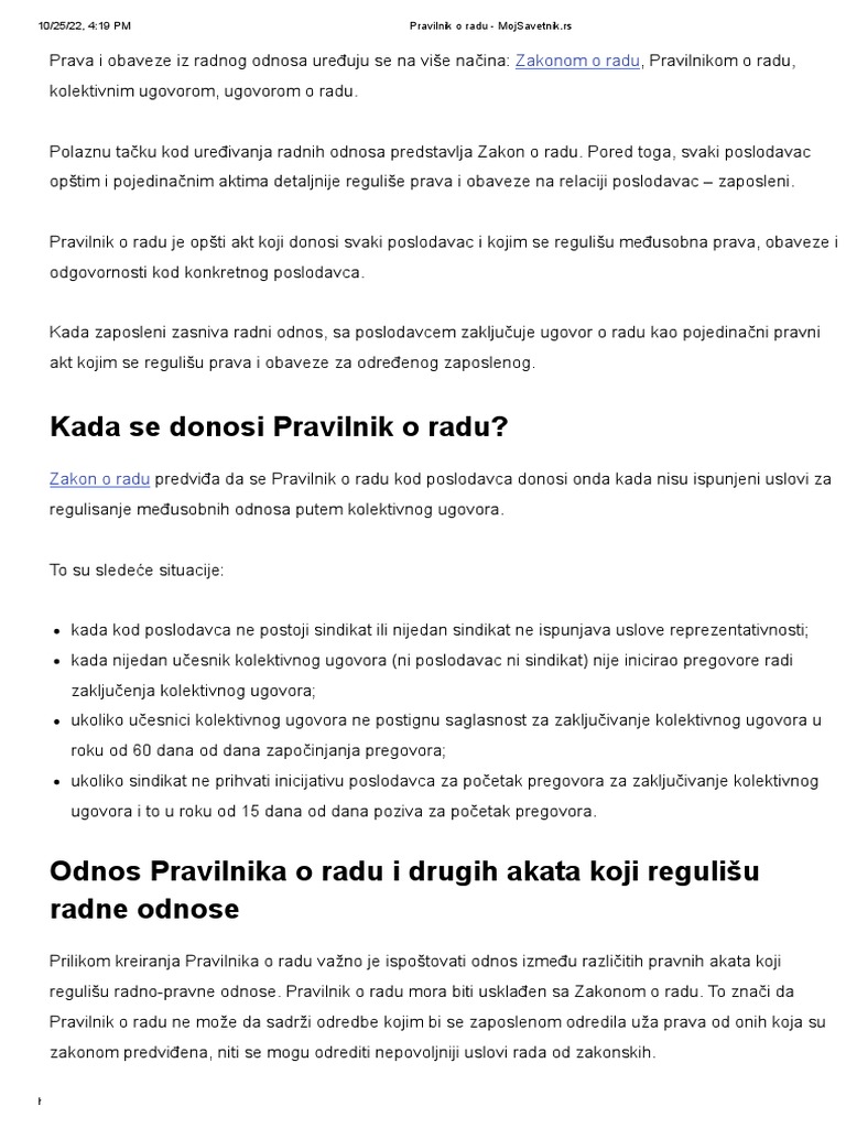 Pravilnik o Radu - MojSavetnik - Rs | PDF