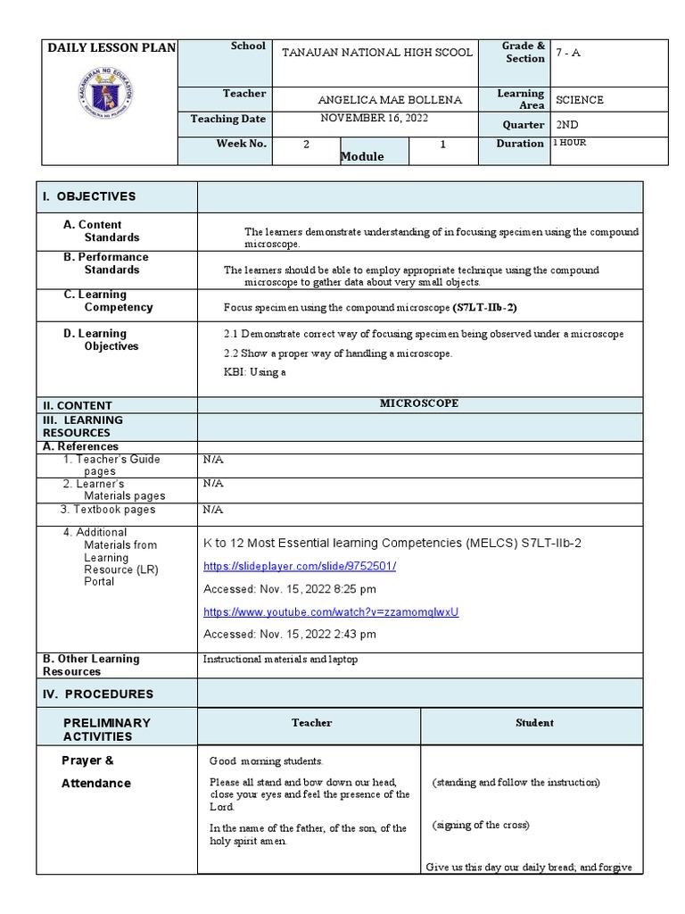 Lesson Plan Parts and Function of Different Kinds of Microscope | PDF | Microscope | Optics