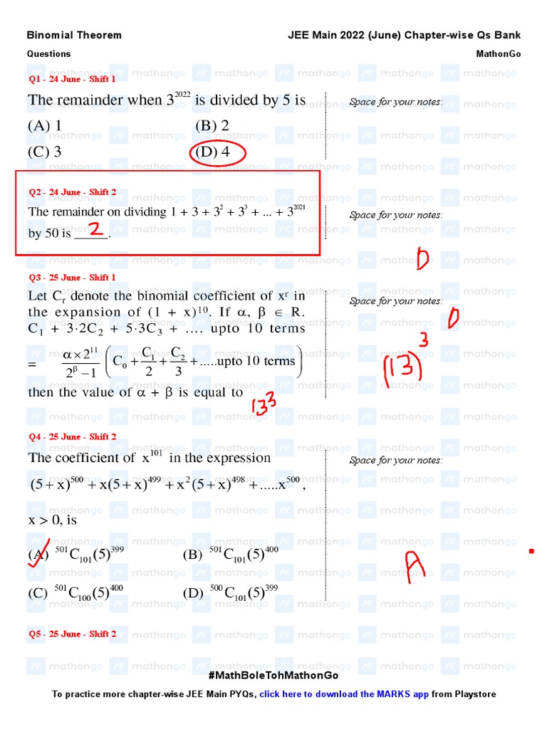 Binomial Theorem - JEE Main 2022 Chapter Wise Questions by MathonGo | PDF