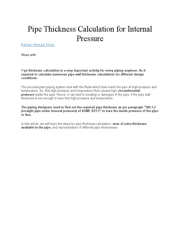 Pipe Thickness Calculation For Internal Pressure | PDF
