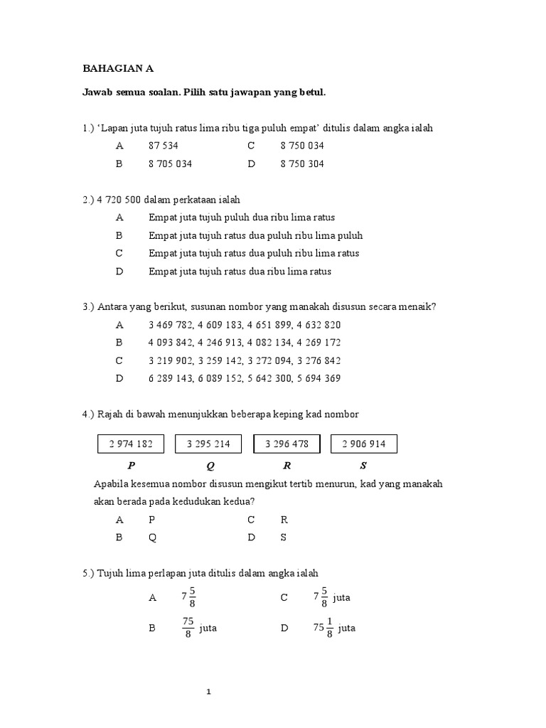 Pentaksiran Sumatif 1 Math Tahun 6 | PDF