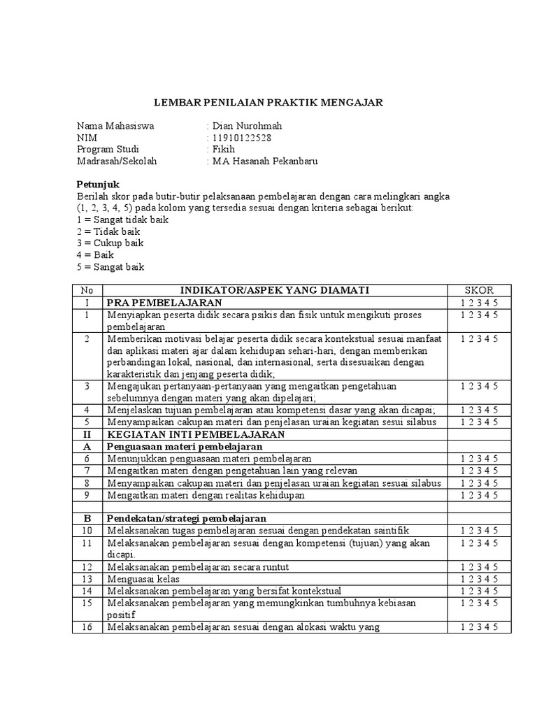 Lembar Penilaian Praktik Mengajar | PDF