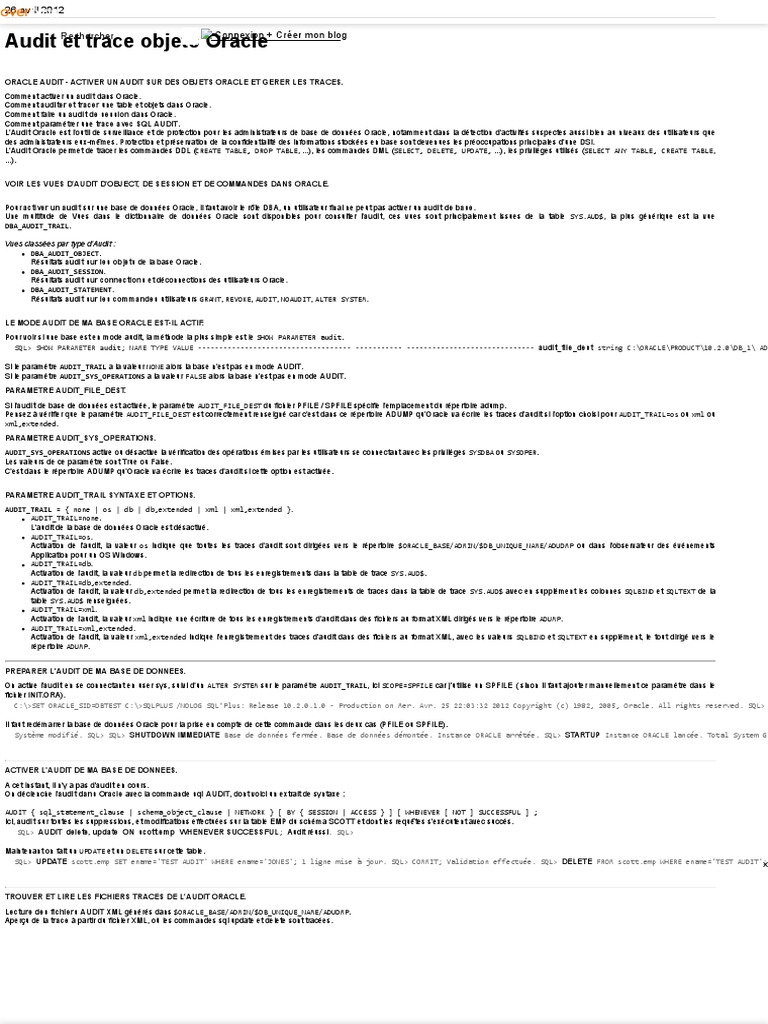 Audit Et Trace Objets Oracle Oracle 10g Sql Pour Les Nuls Pdf 5698