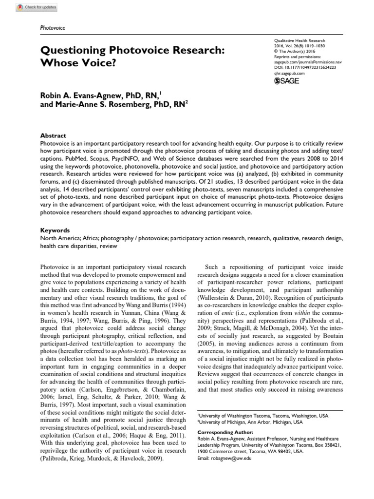 Questioning Photovoice Research: Whose Voice?: Robin A. Evans-Agnew ...