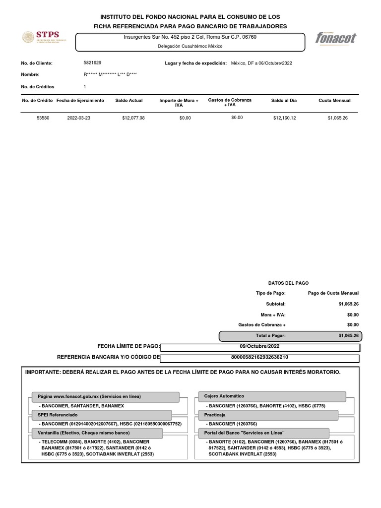 Ejemplo Recibo de Fonacot Septiembre | PDF | Bancos | Economias