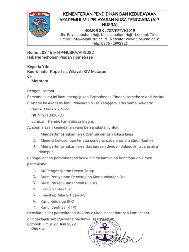 Surat Permohonan Pindah Homebase | PDF Surat Permohonan Pindah Homebase | PDF