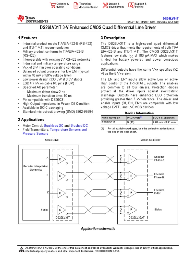 DS26LV31T 3-V Enhanced CMOS Quad Differential Line Driver: 1 Features 3 Description | PDF ...