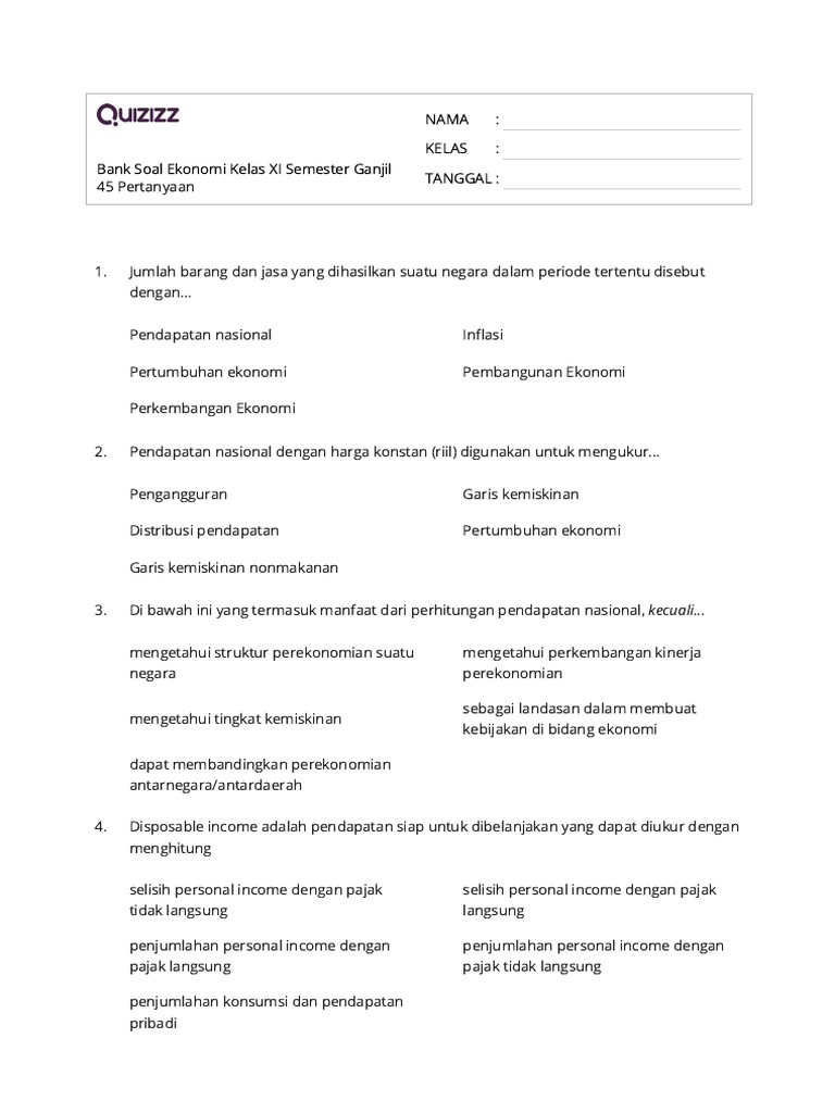 Bank Soal Ekonomi Kelas XI Semester Ganjil | PDF
